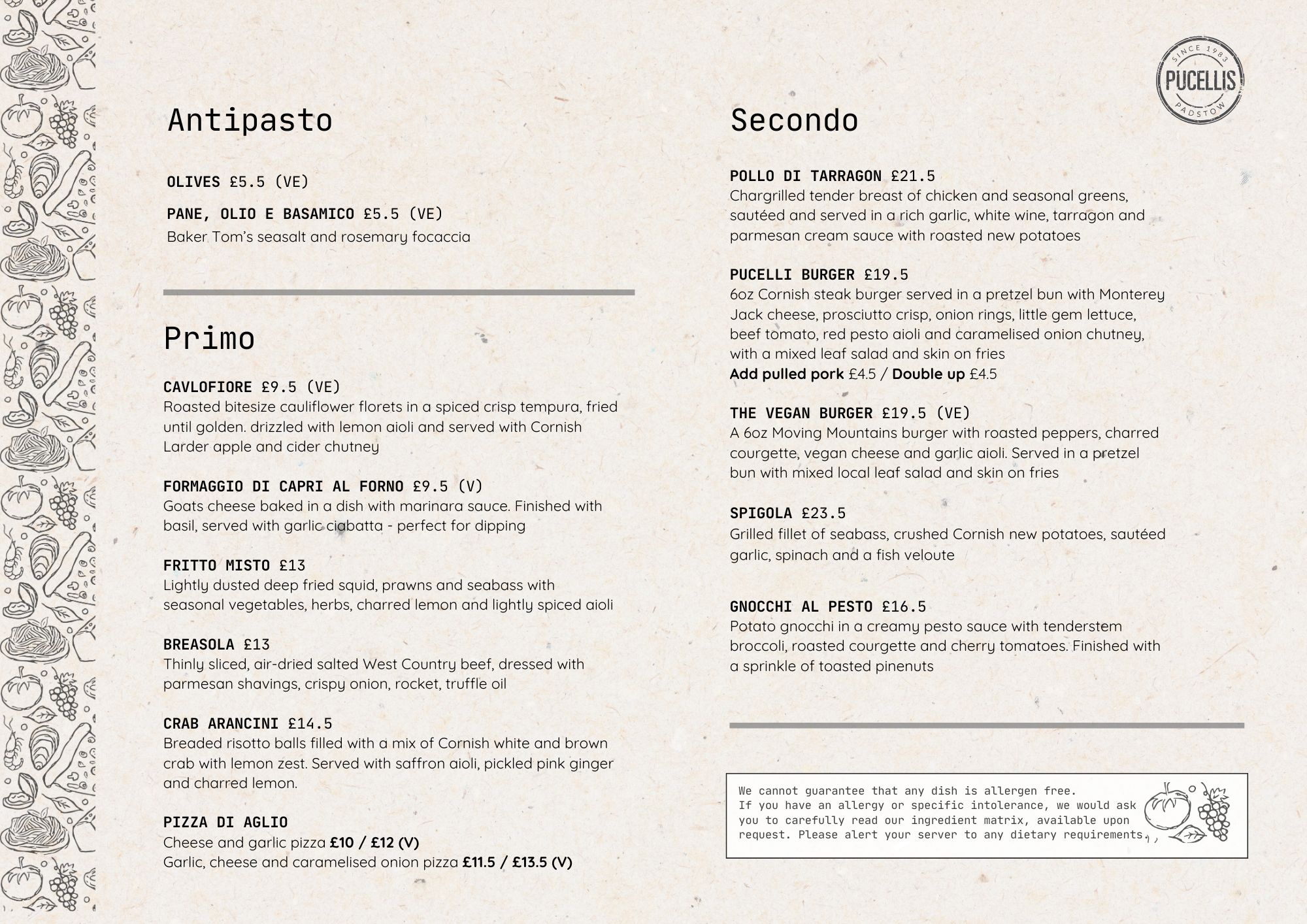 Menu – Pucelli's Padstow